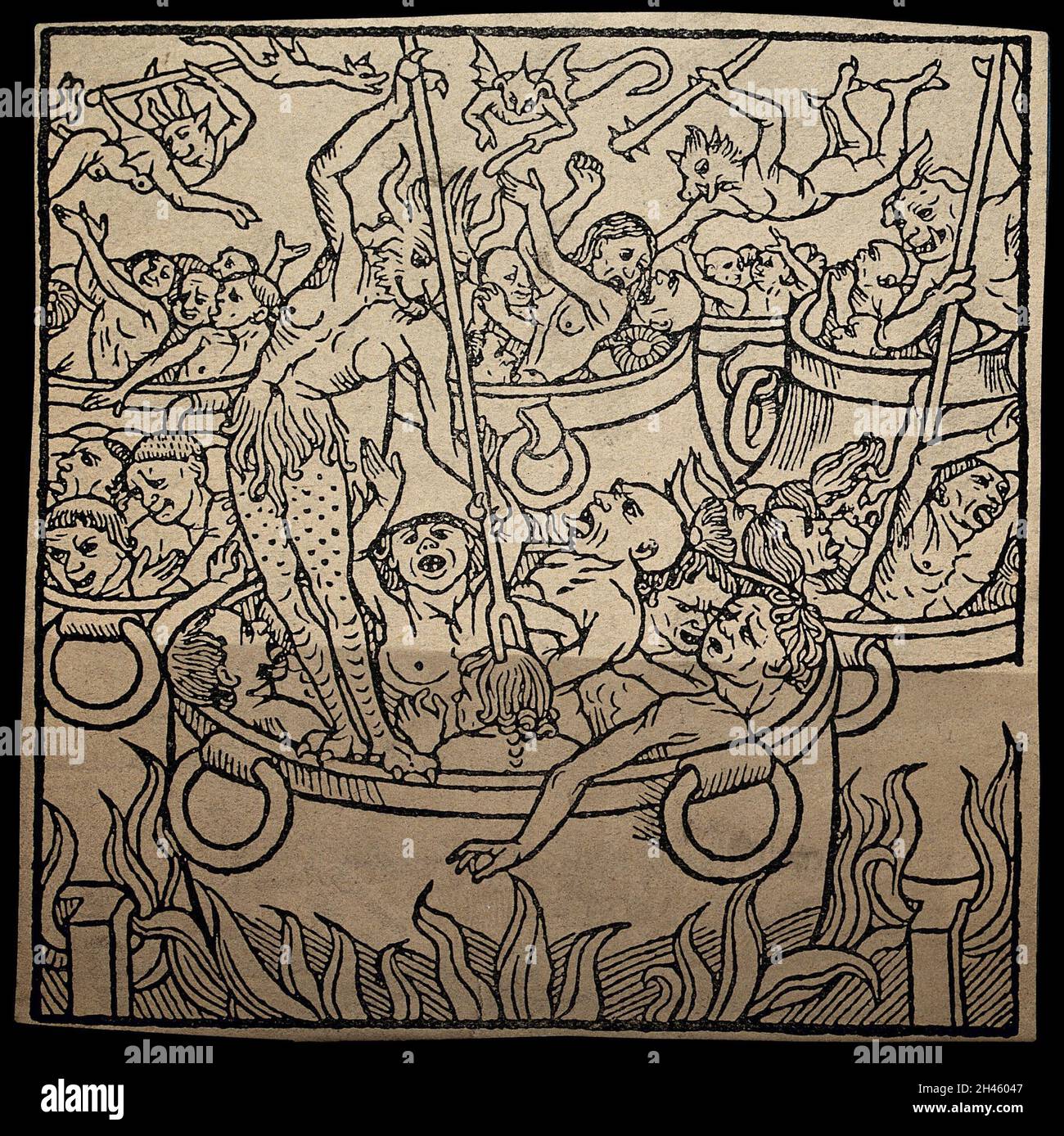 The damned writhe in boiling cauldrons; representing hell. Woodcut ...