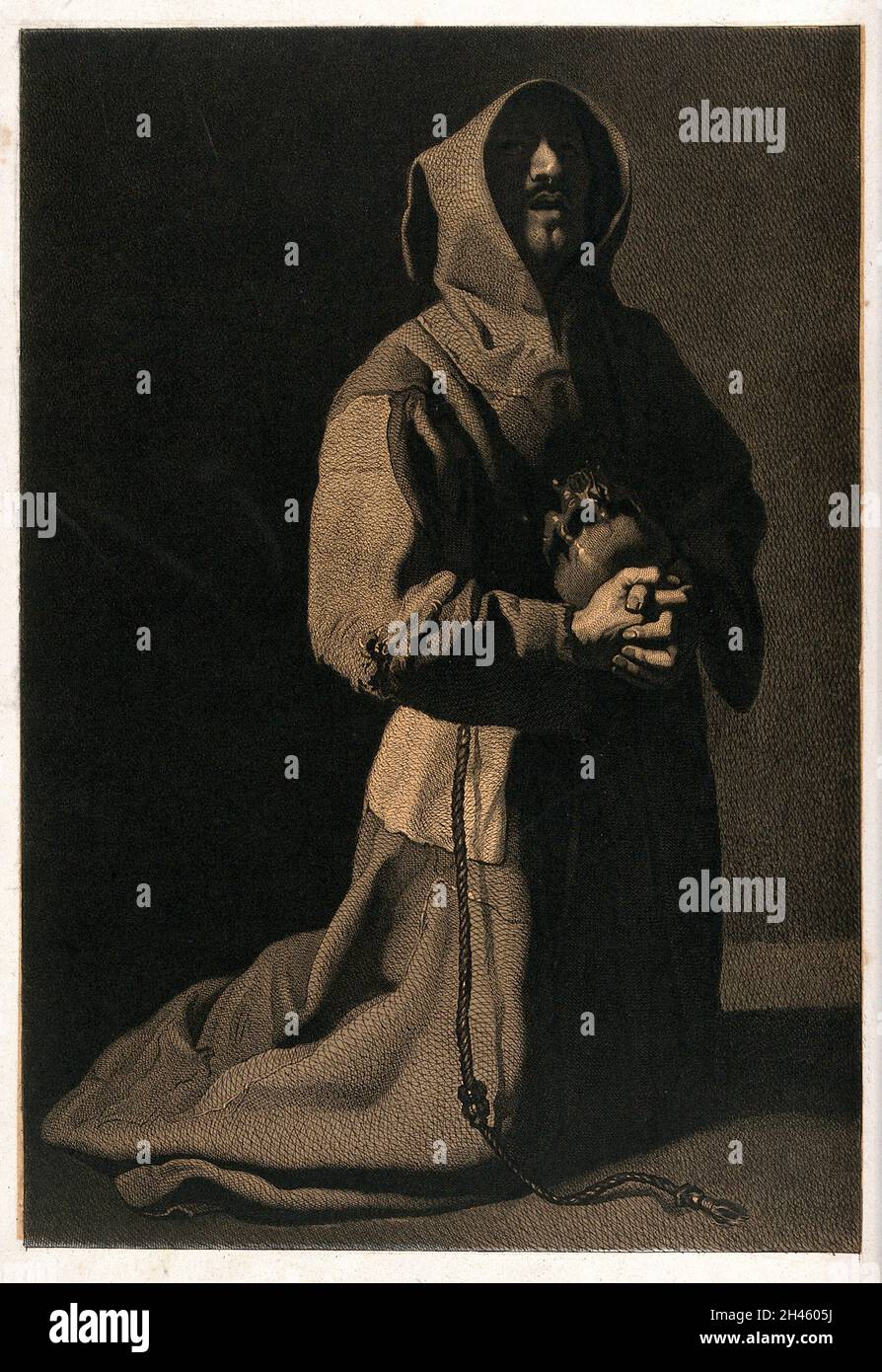 Saint Francis of Assisi kneeling in prayer, holding a skull. Engraving ...