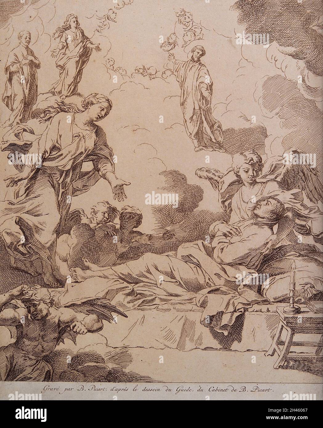 A saint lying on his death bed is visited by the Virgin, saints and ...