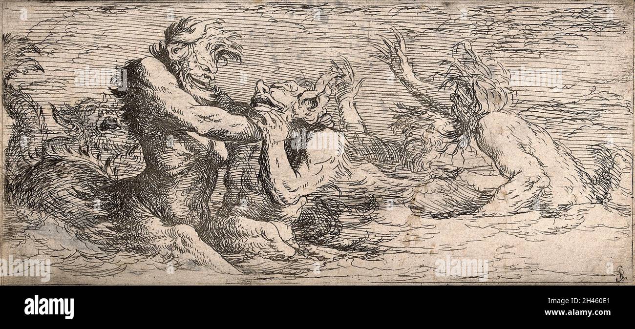 Sea monsters fighting. Etching by S. Rosa Stock Photo - Alamy