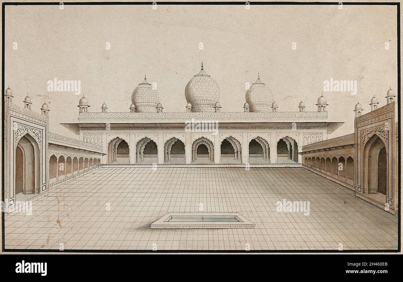 Agra Fort: Moti Masjid, view of the courtyard. Watercolour drawing by ...