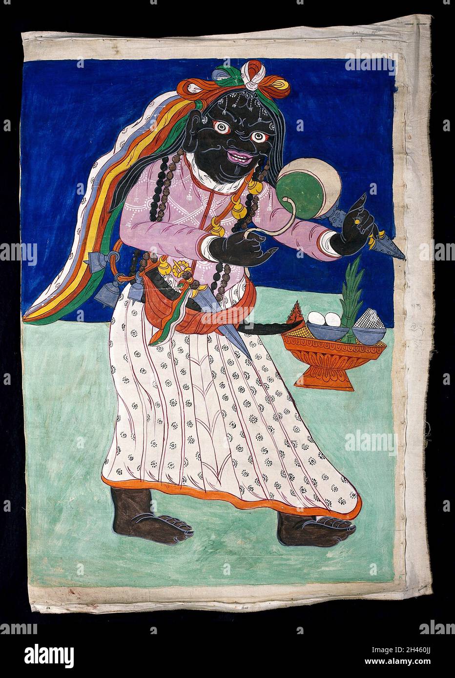 An evil demon (dMu) who causes dropsy. Watercolour by a Tibetan painter ...