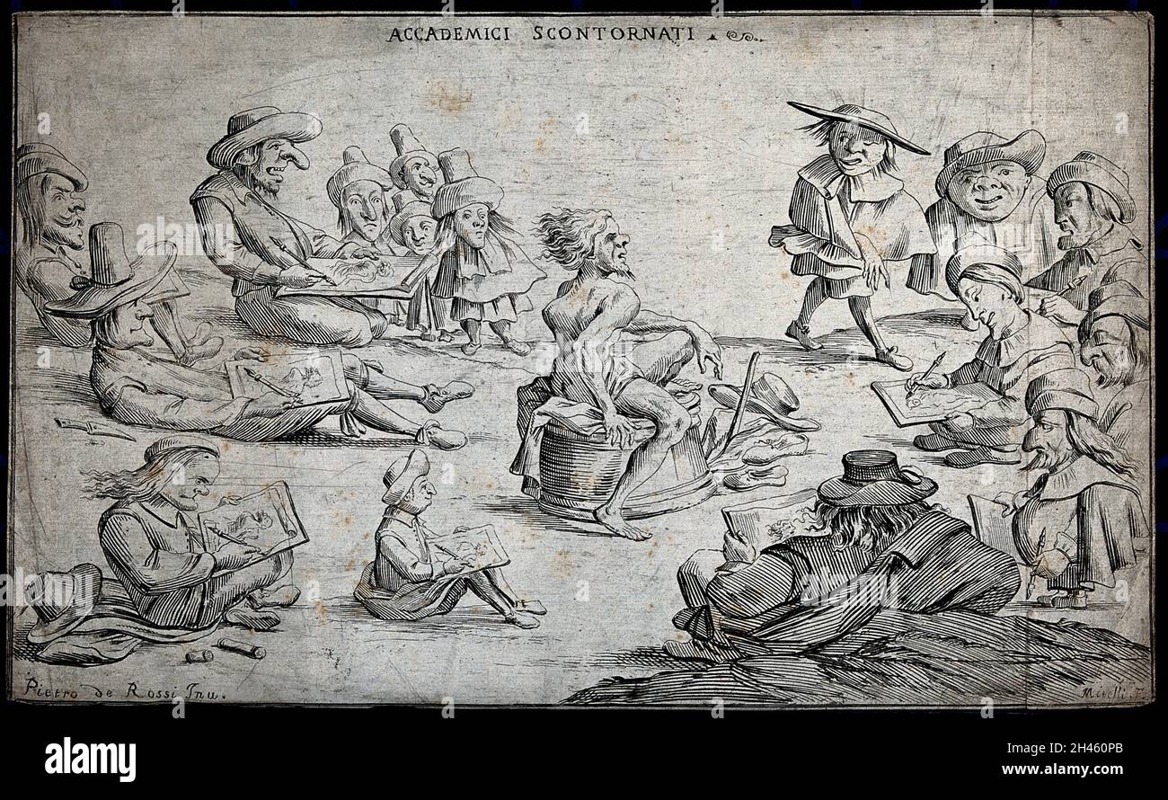 A life-class in a grotesque academy of artists: a hunchback model being ...