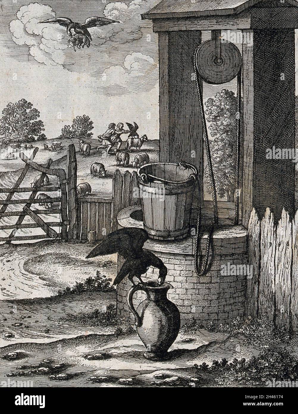 A crow is standing on the handle of a large pitcher in front of a well ...