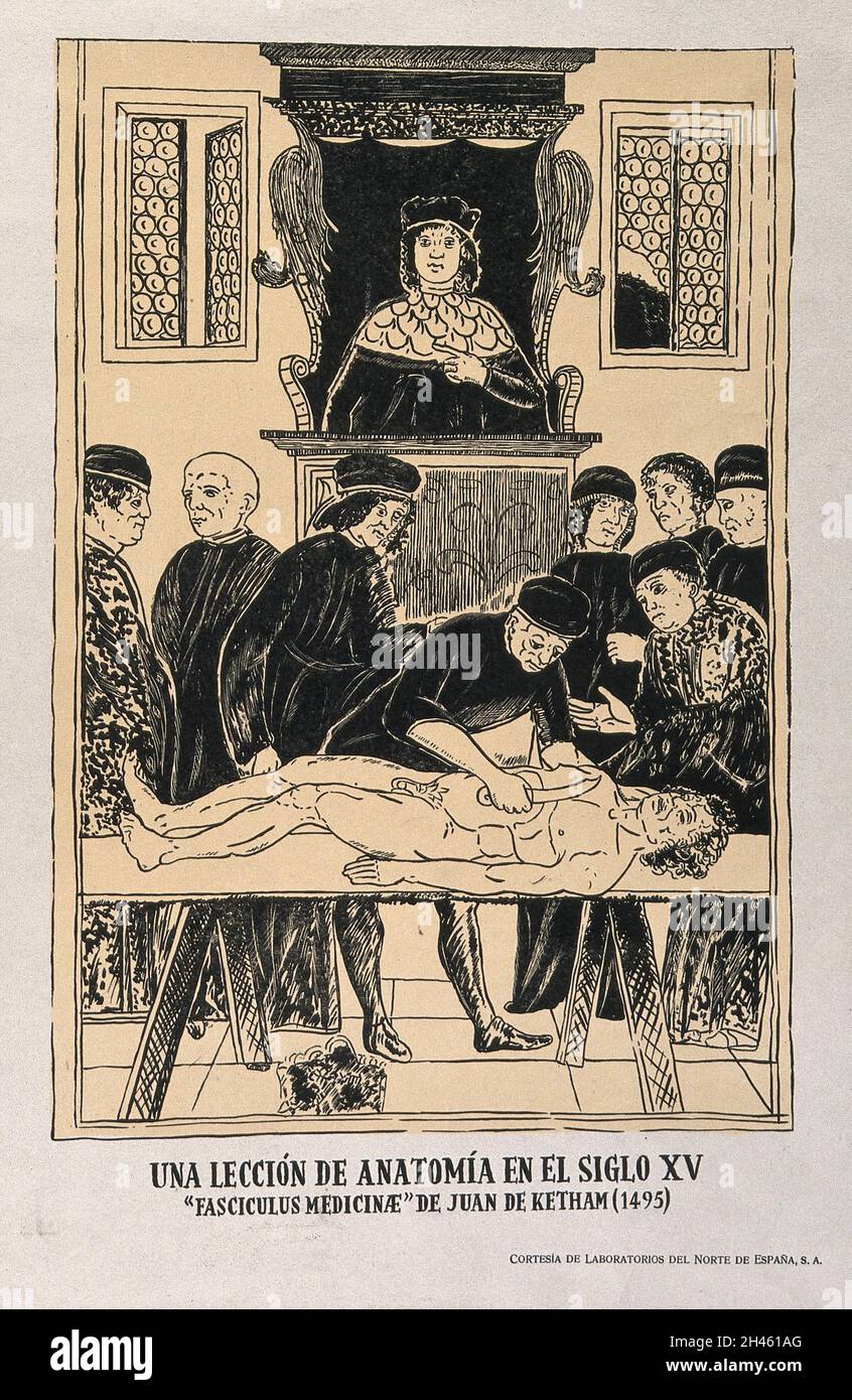 A dissection in progress: the anatomy professor at his lectern. Line ...