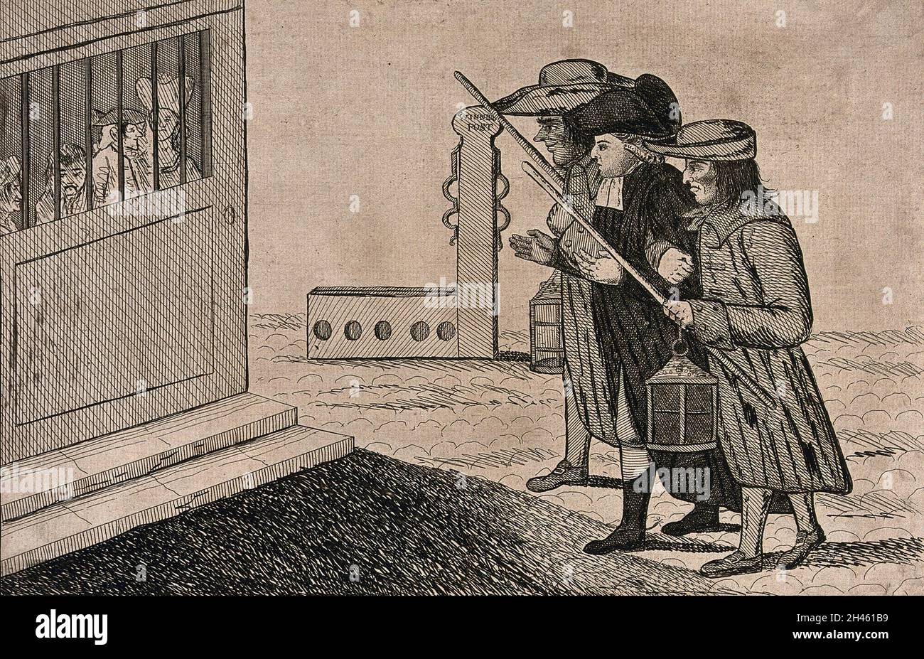 A parson accompanied by two constables on his way to visit prisoners in ...