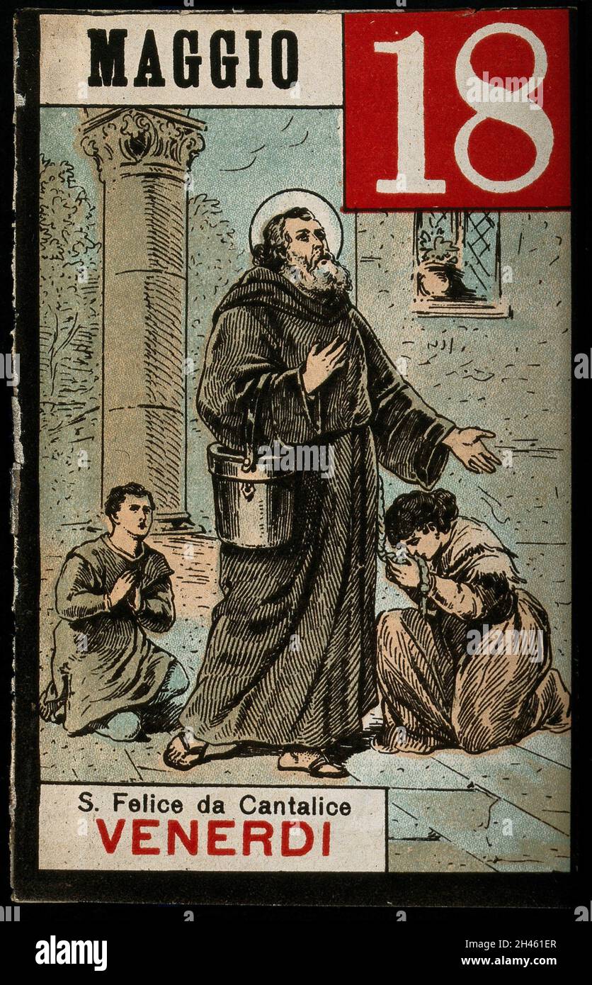 Saint Felix of Cantalice, wearing the Capuchin dress, two children ...