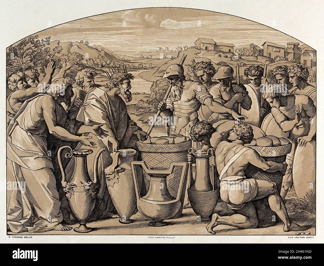 Abraham and Melchizedek. Colour lithograph by L. Gruner after N ...