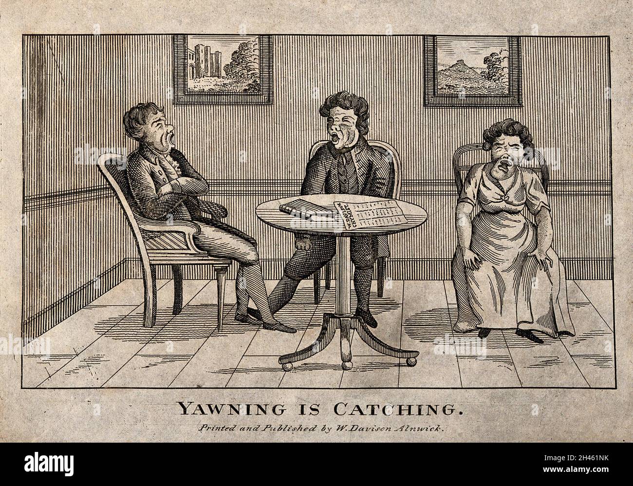 Three people sitting yawning around a table. Etching Stock Photo - Alamy