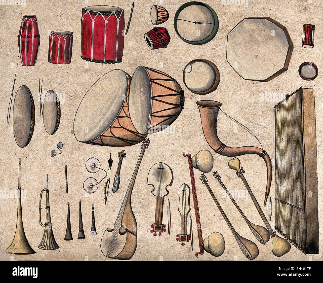 Indian musical instruments. Gouache painting by an Indian artist Stock ...