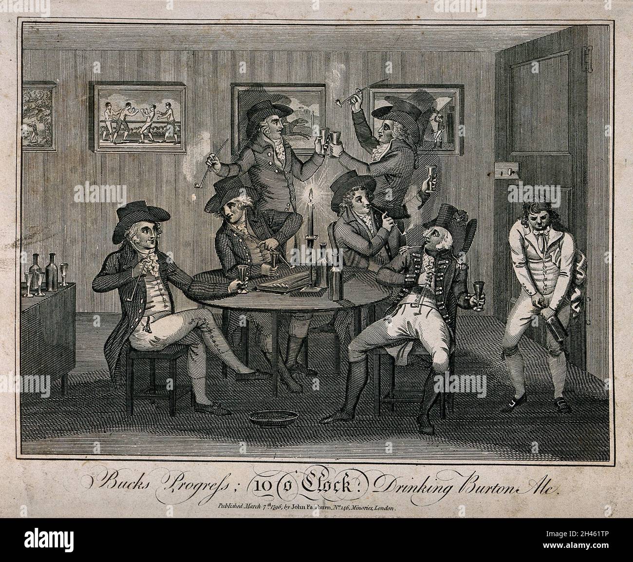 Six fashionable young men carousing round a table as a serving man ...