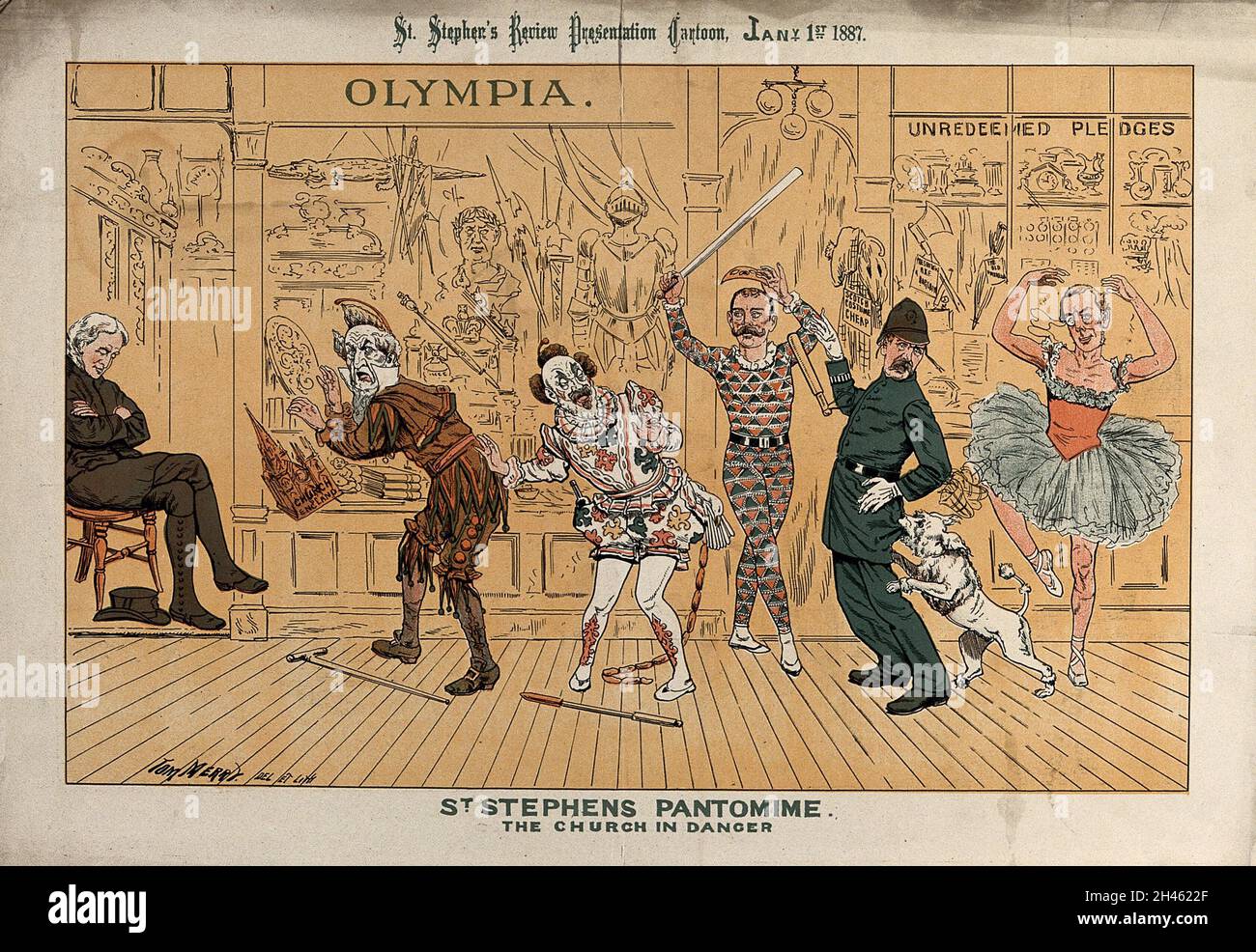 Five men are performing a pantomime whilst a spectator is asleep in his ...