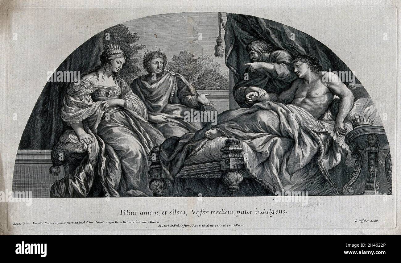 Antiochus is reclining on a bed while his physician Erasistratus is ...