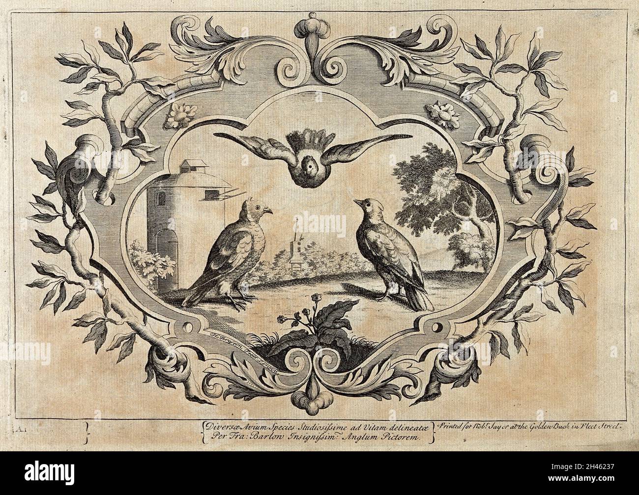 Three doves with a dovecote and church in the distance, all surrounded ...