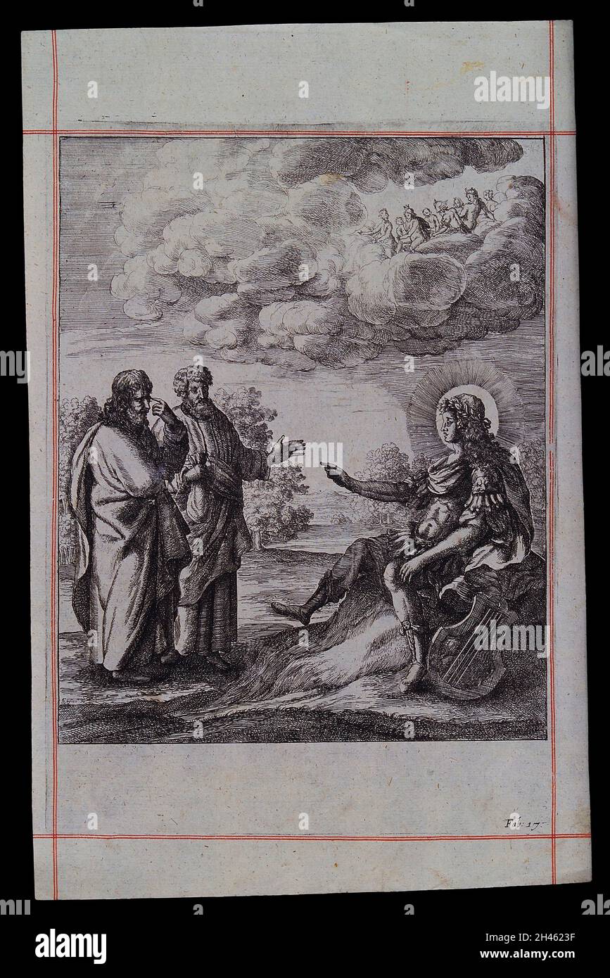 Apollo sits on a mound, his lyre beside him, and points with his right ...