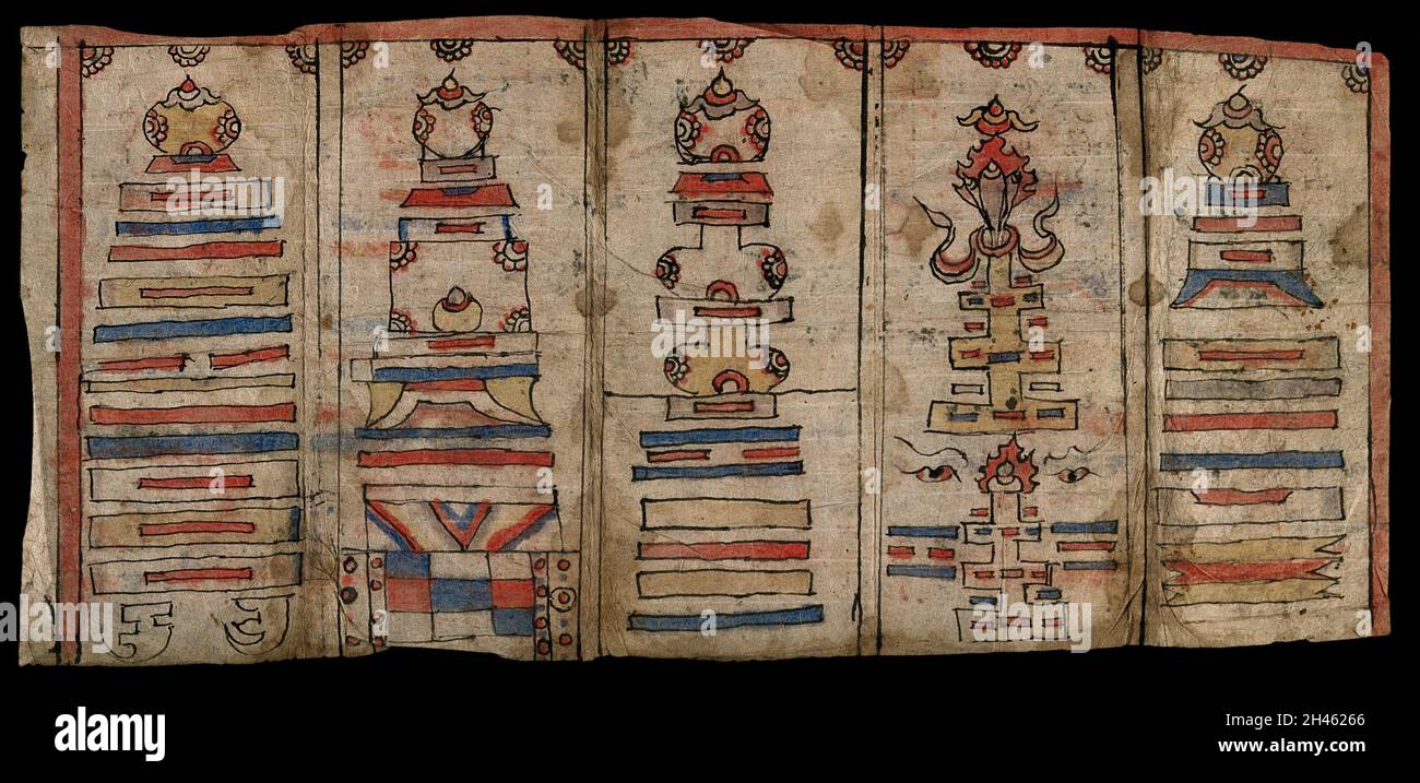 Tibetan paper charm consisting of five figures. Watercolour, Tibet ...