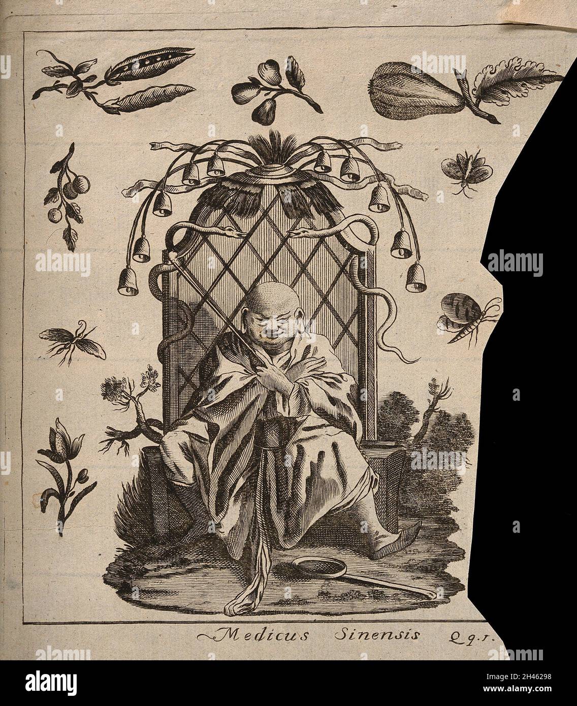 A Chinese physician sitting on a throne (?) surrounded by fruits ...