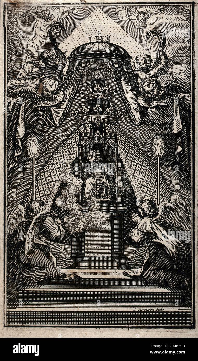 Angels adoring a monstrance underneath a baldachine which bears Papal ...