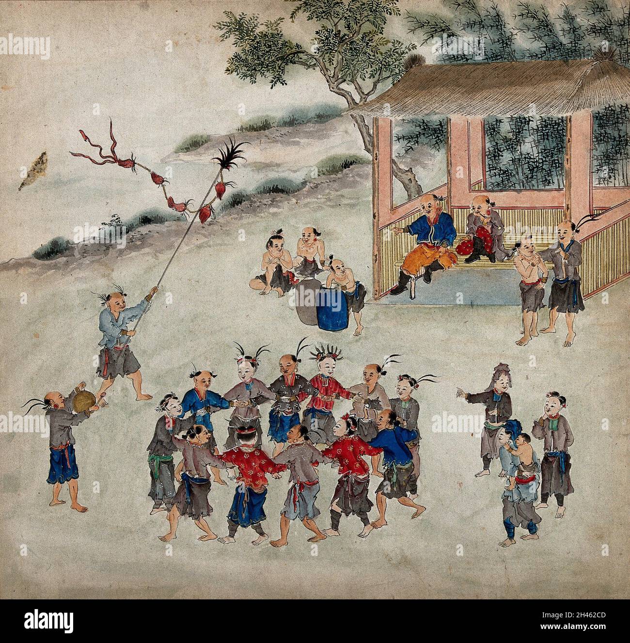 Aboriginal peoples of Formosa engaged in a tribal dance. Painting by a ...