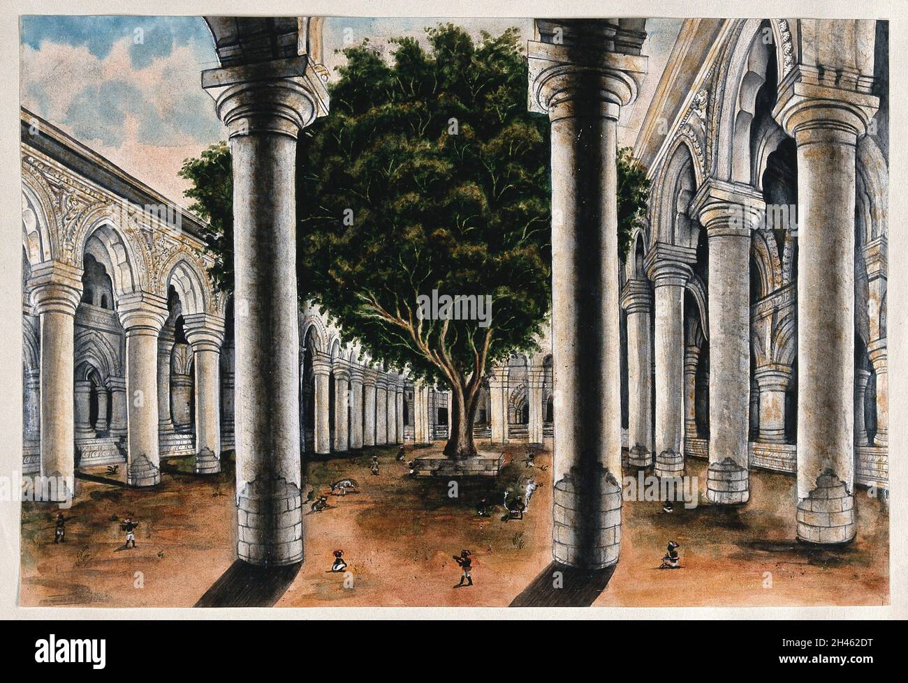 A large colonnade at Courtallum, Tamil Nadu. Watercolour by an Indian ...