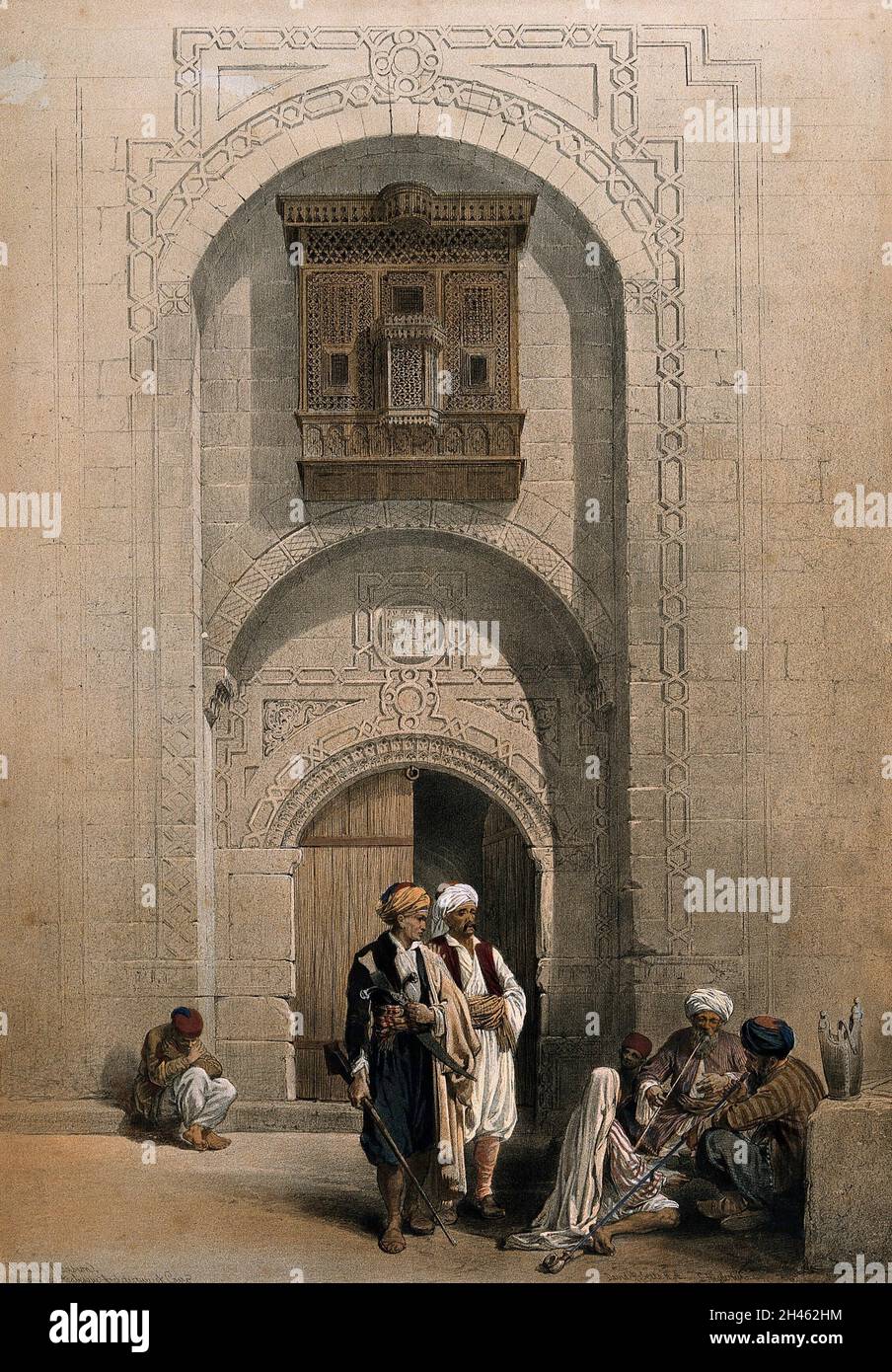 Men smoking outside an arabesque mansion in Cairo. Coloured lithograph ...