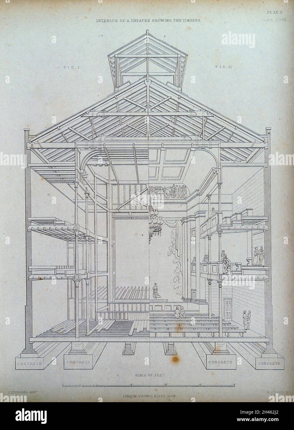 Building: section through a theatre, half cutaway, showing timber ...