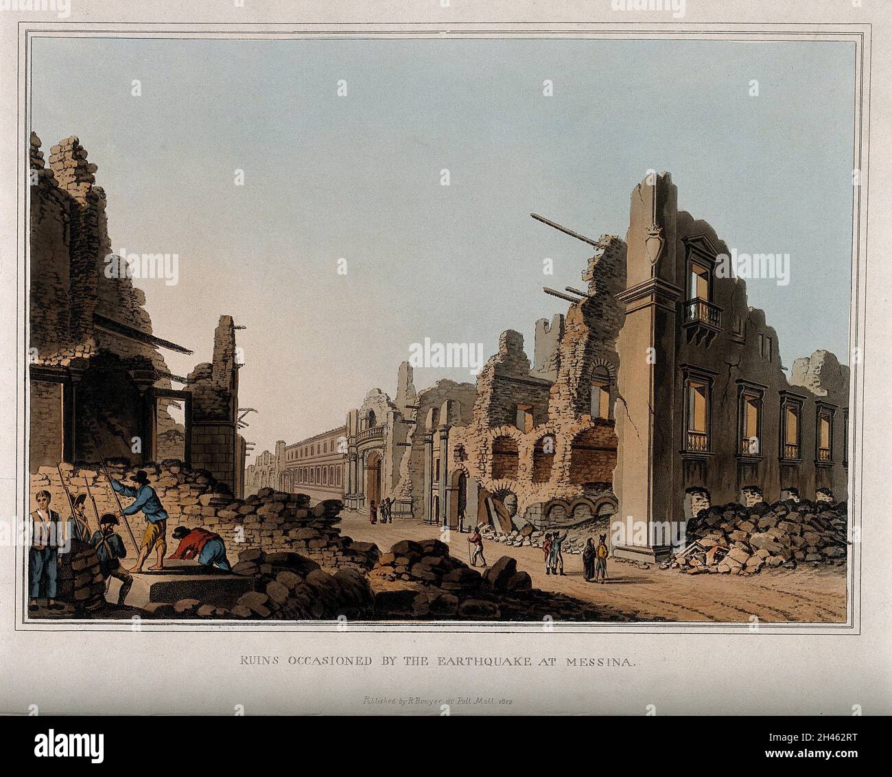 Messina, Sicily, Italy: ruins after an earthquake. Coloured aquatint ...