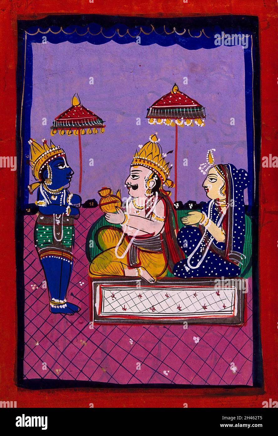 Vamana avatar: Vaman before King Bali and consort. Gouache drawing ...
