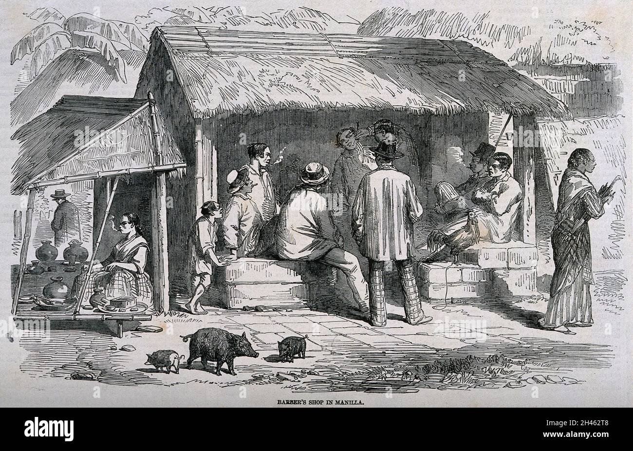A barber's shop in Manila. Wood engraving Stock Photo - Alamy