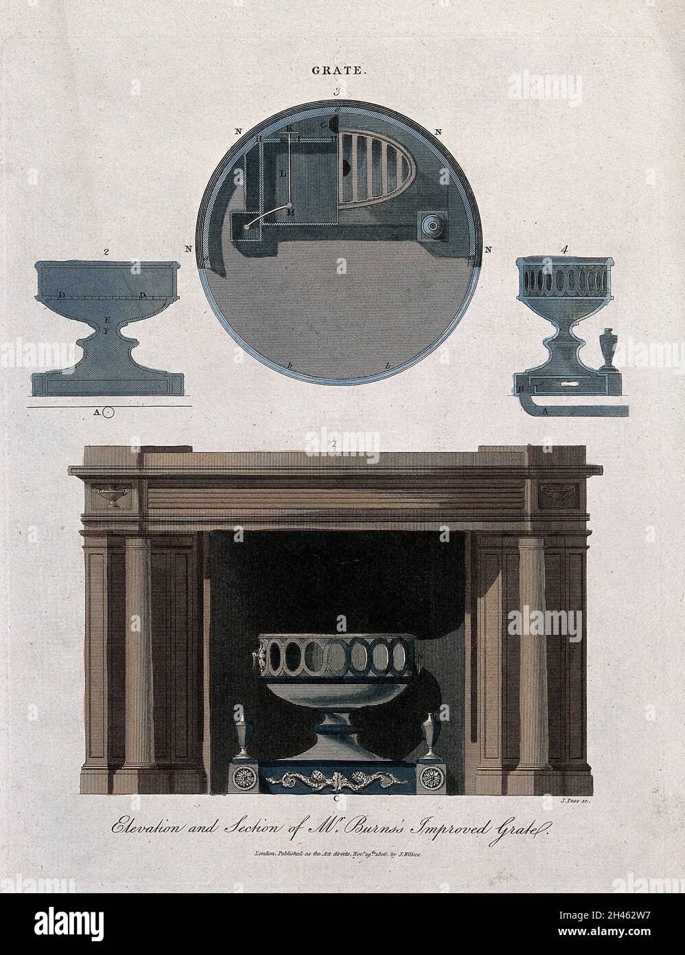 Diagrams of a fire grate and a fireplace with surround. Coloured ...
