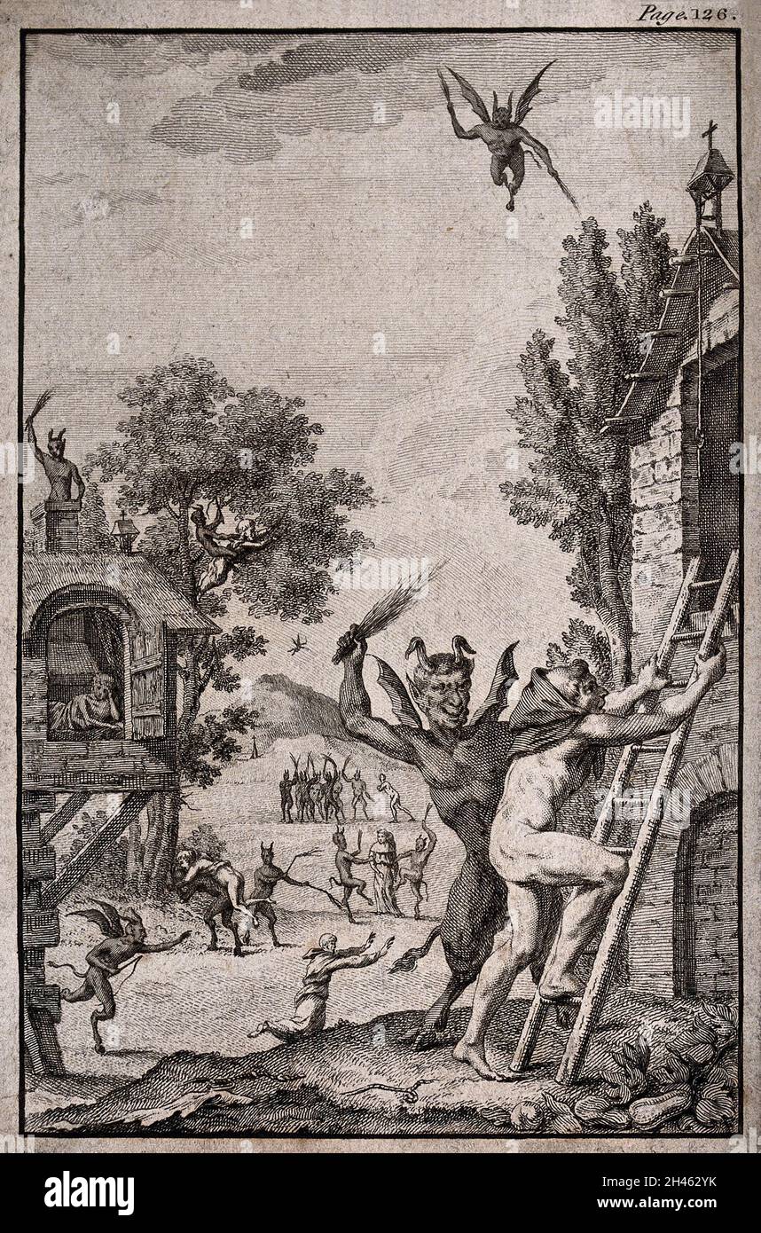 Devils whipping monks in a village. Engraving, 17 Stock Photo - Alamy