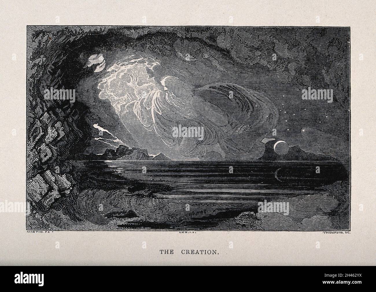God creates light over the waters. Wood engraving by Thompson after J ...