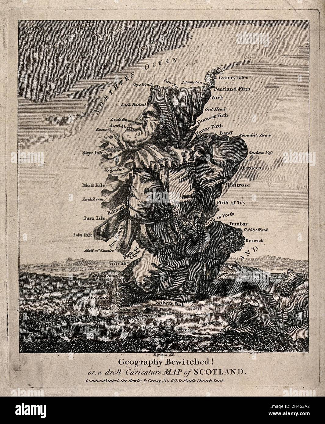 The figure of a woman representing the map of Scotland. Etching by ...