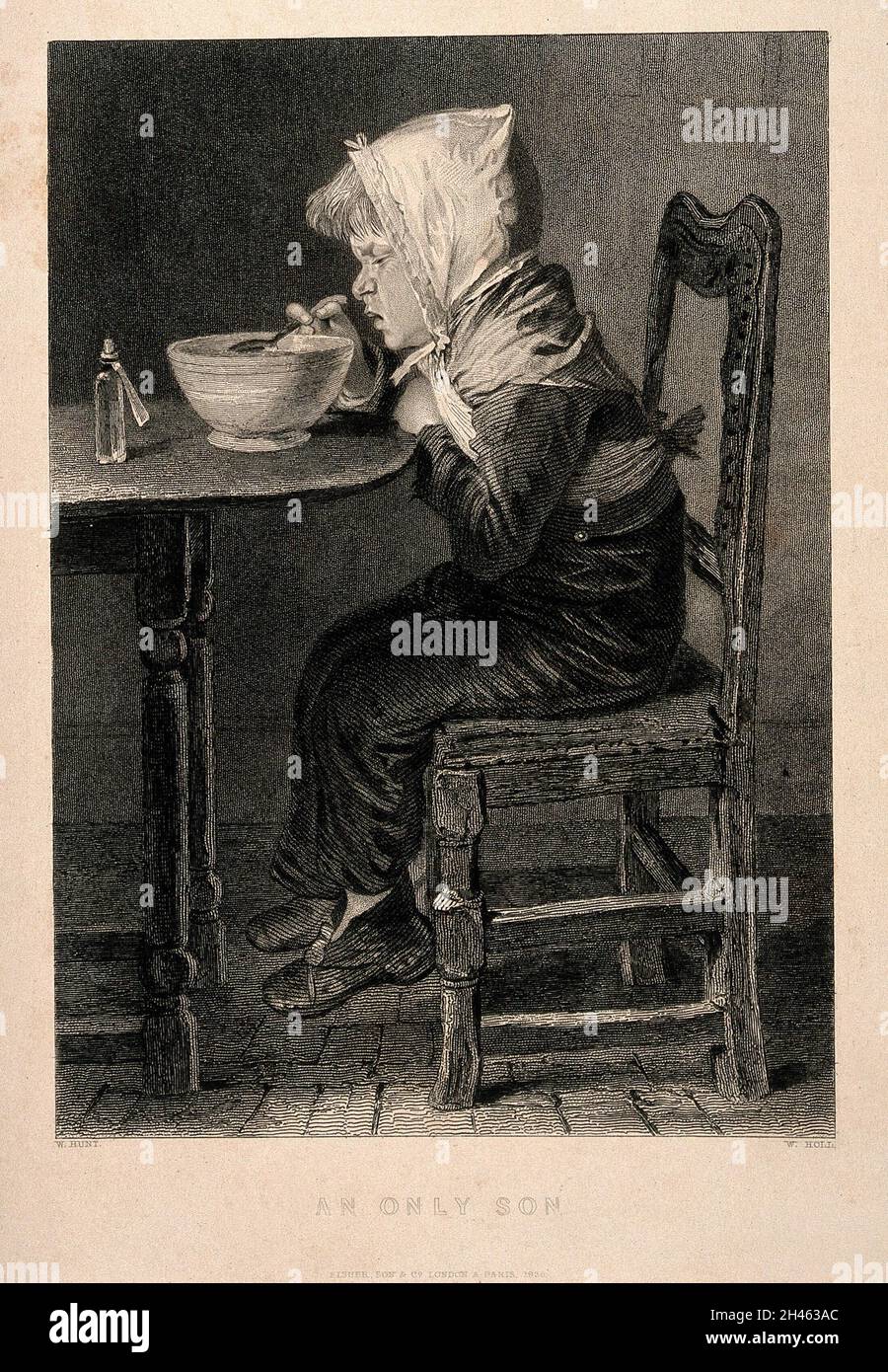 A sick child grimaces as he takes his medication and gruel. Line ...