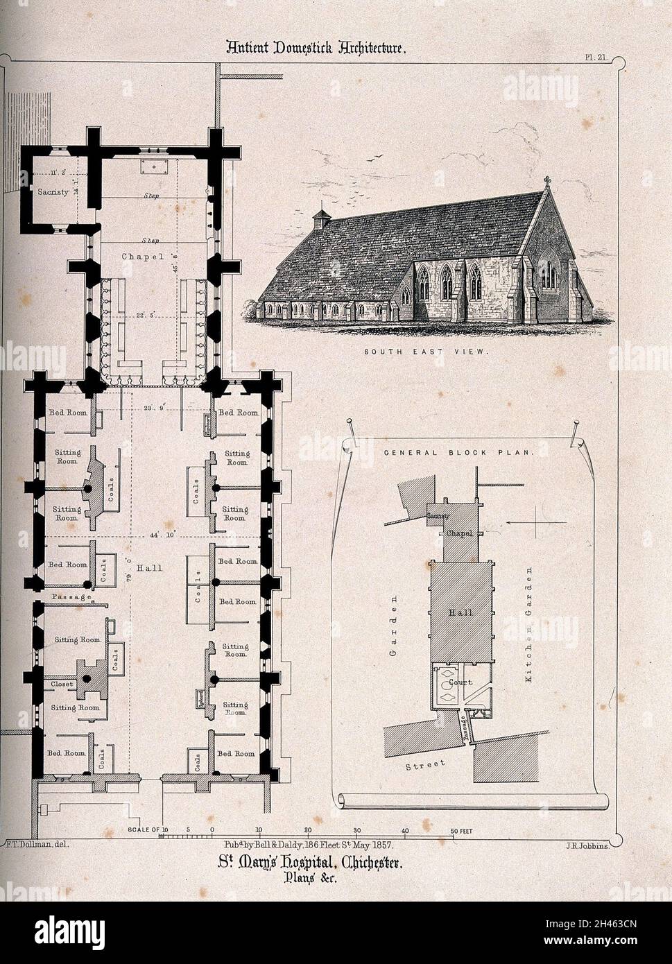 St. Mary's Hospital with ground and block plan. Transfer lithograph by ...