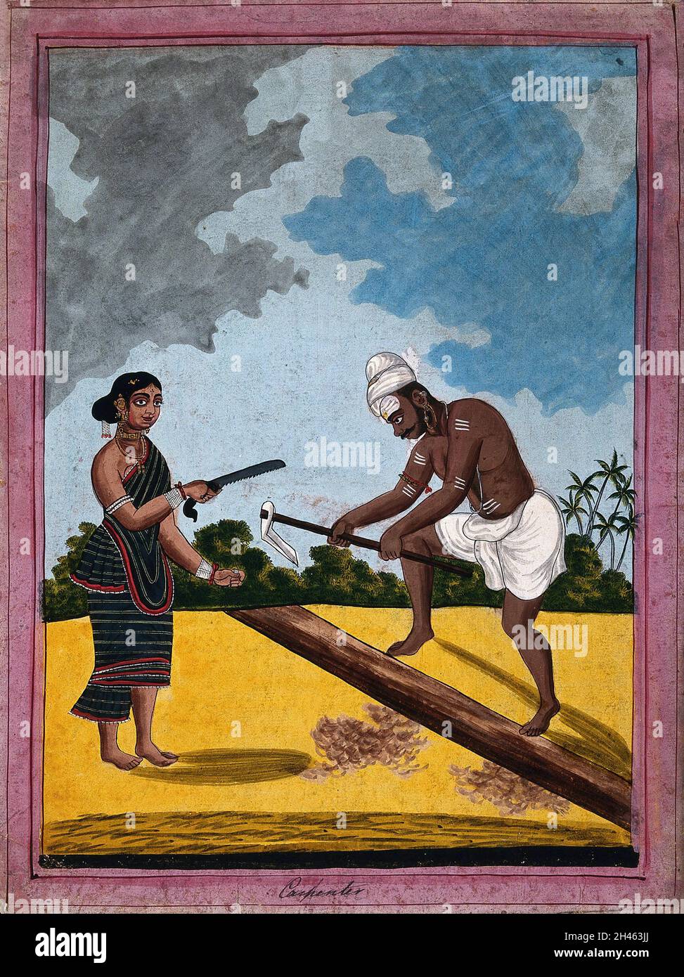 An Indian carpenter and wife holding tools. Gouache drawing Stock Photo ...