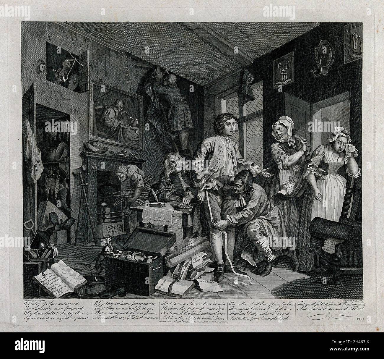 A rake, Tom Rakewell, is measured for new clothes while a servant is ...