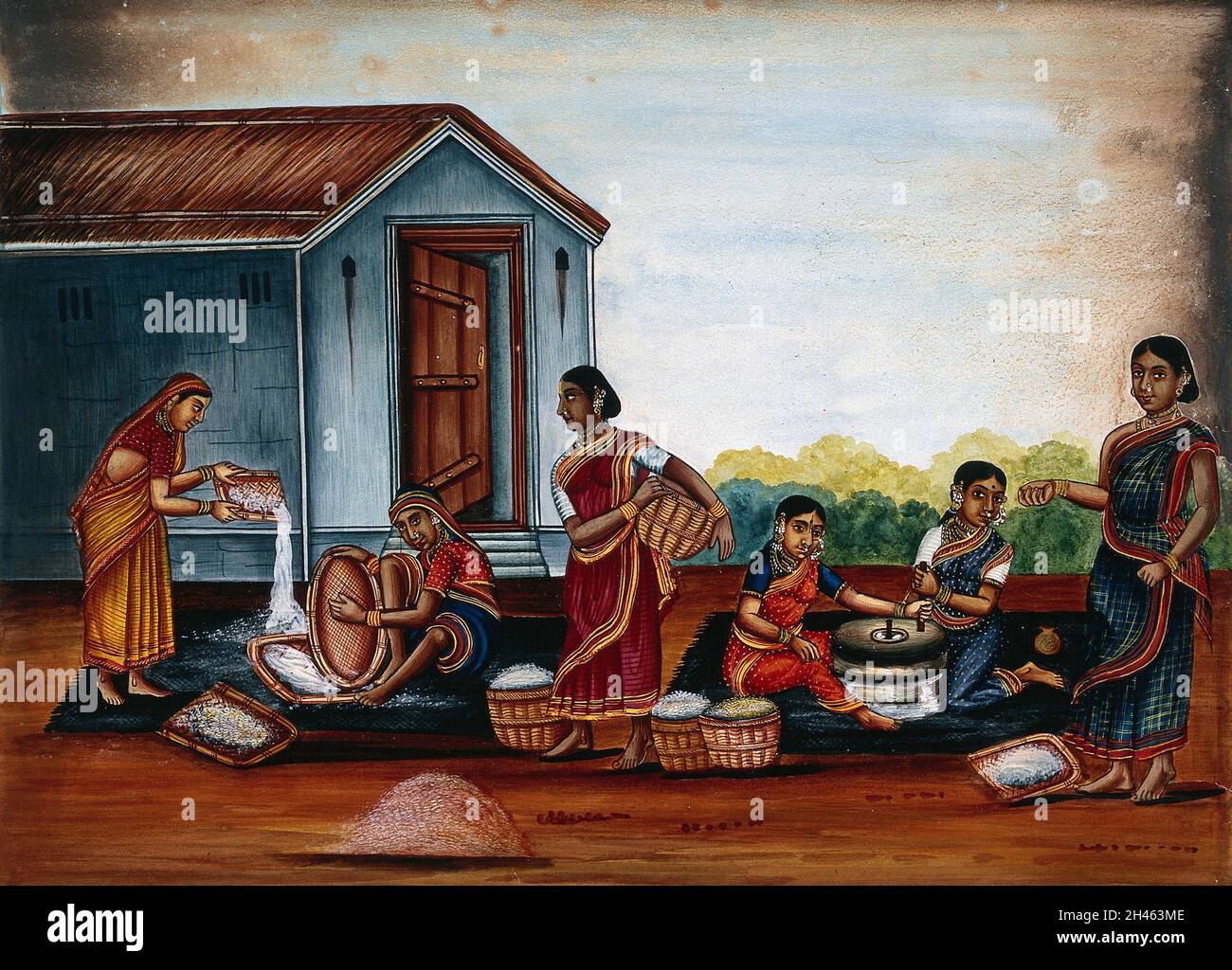 Women grinding and sieving grain into flour. Watercolour by an Indian ...