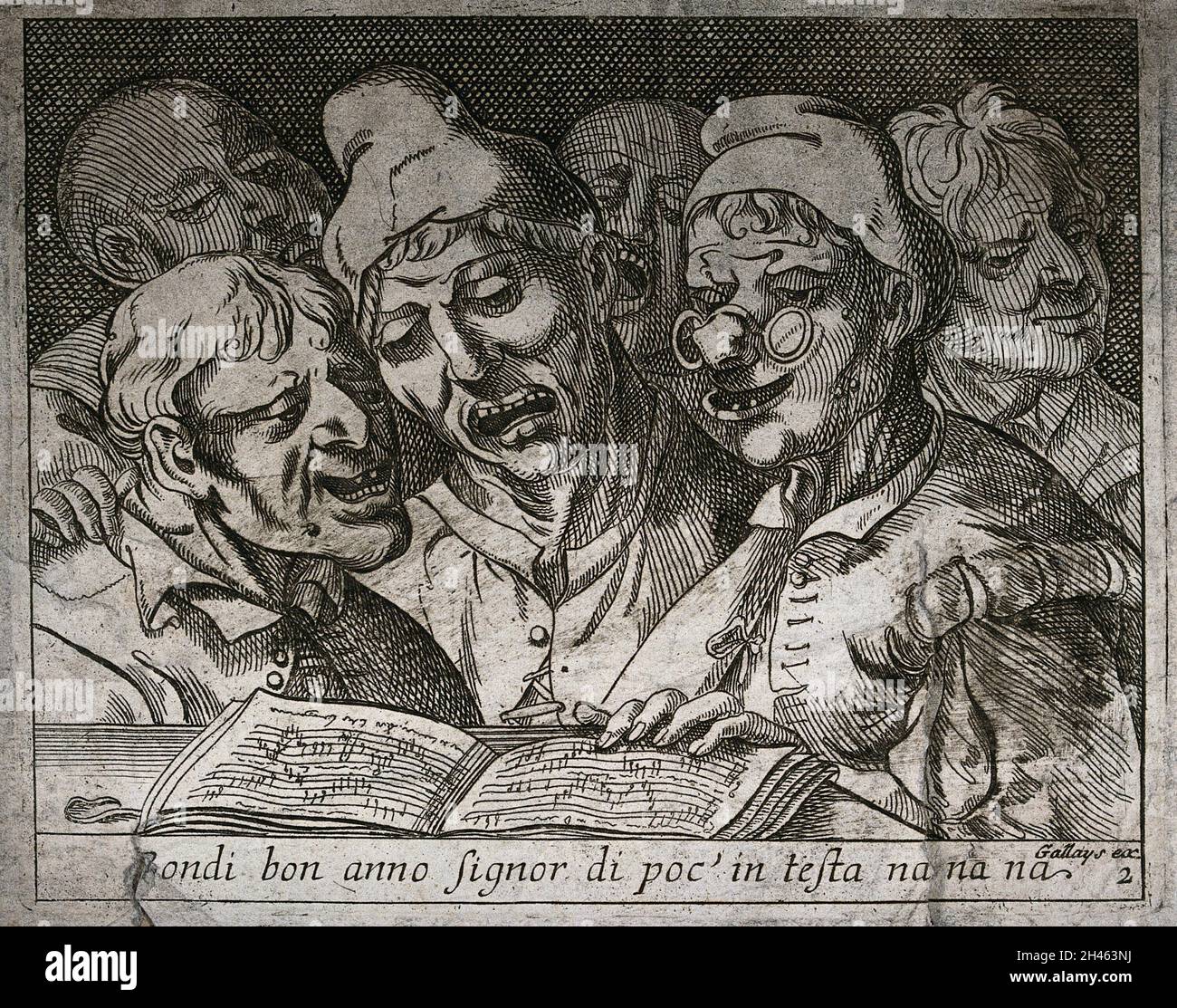 A choir of six grotesque people singing from a songbook open on a shelf ...