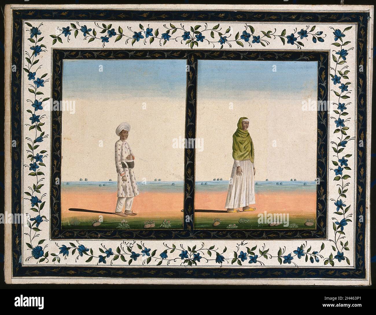 Two men wearing different traditional clothes. Gouache painting by an ...