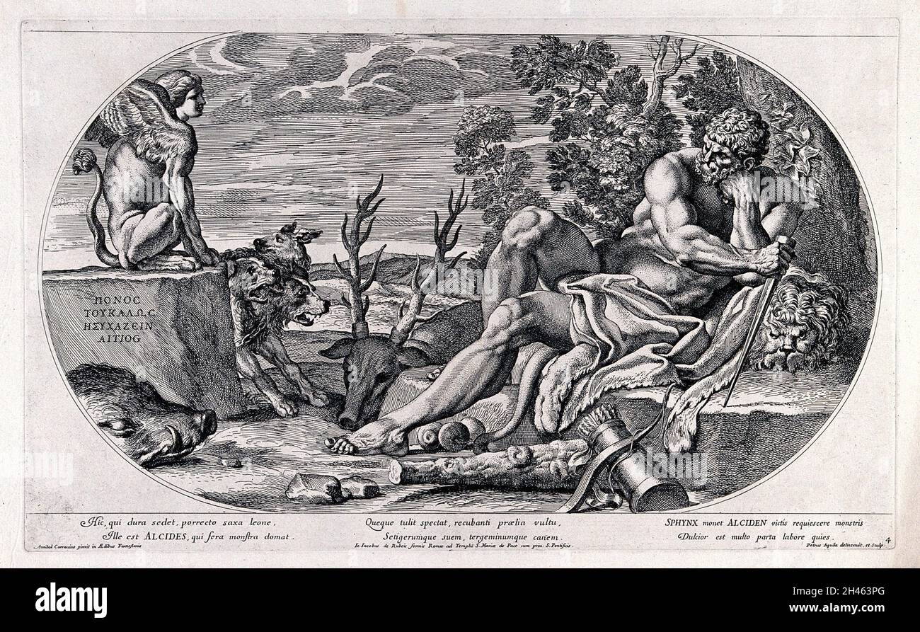 Hercules resting from his labours. Etching by P. Aquila after Annibale ...