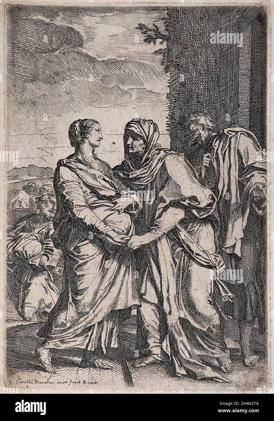 The Visitation of Mary to Elizabeth. Etching by C. Maratta Stock Photo ...