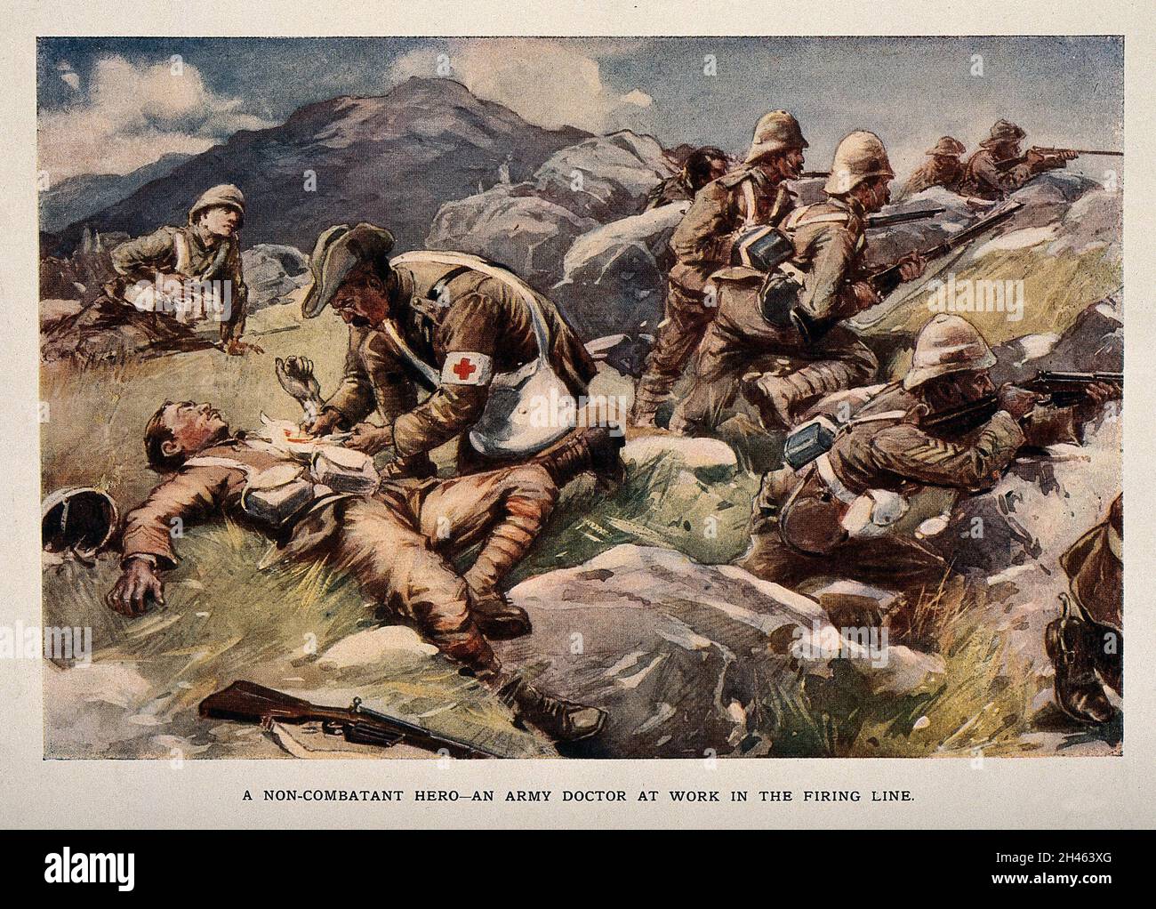 Boer War: army doctor treating a patient in the midst of a firing line ...