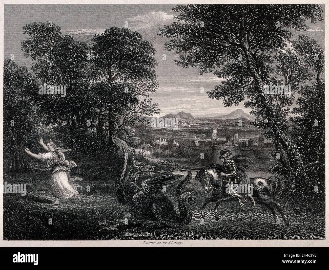 Saint George on horseback wearing armour is about to kill the dragon ...