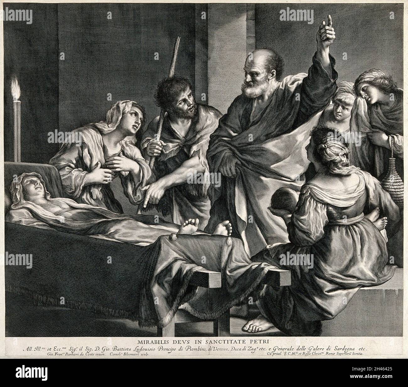 Saint Peter raises Tabitha. (Acts 9.36). Engraving by C. Bloemaert ...