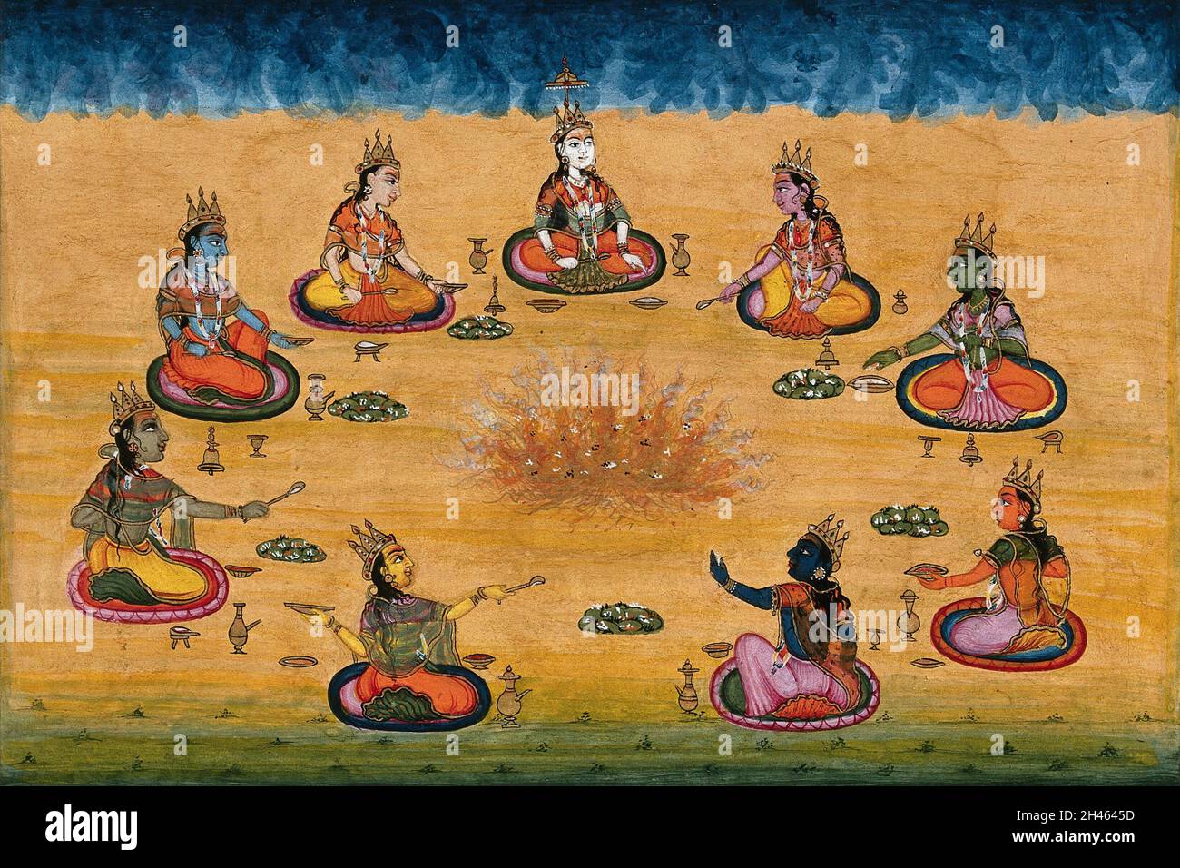 Nine female deities (?) performing a yagna, a fire sacrifice, an old ...