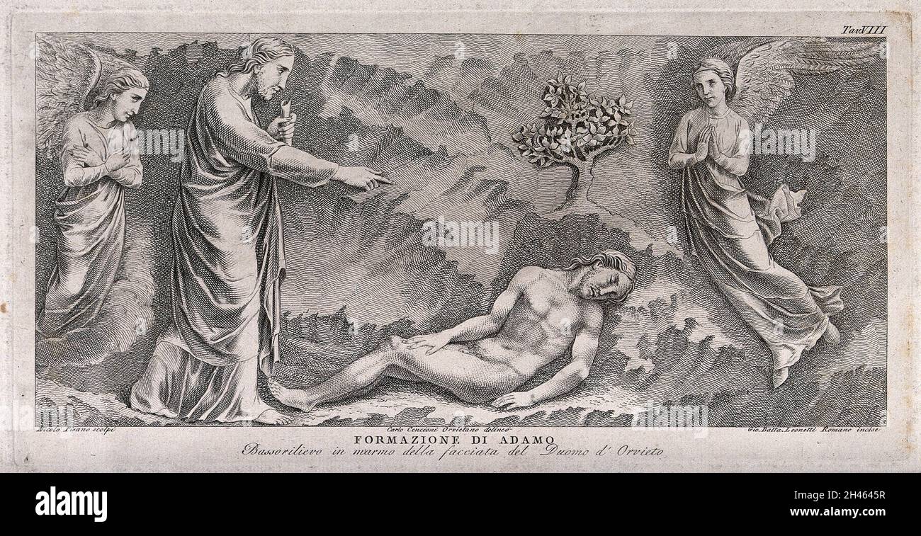 Adam is formed by God. Etching by G.B. Leonetti after C. Cencioni after ...