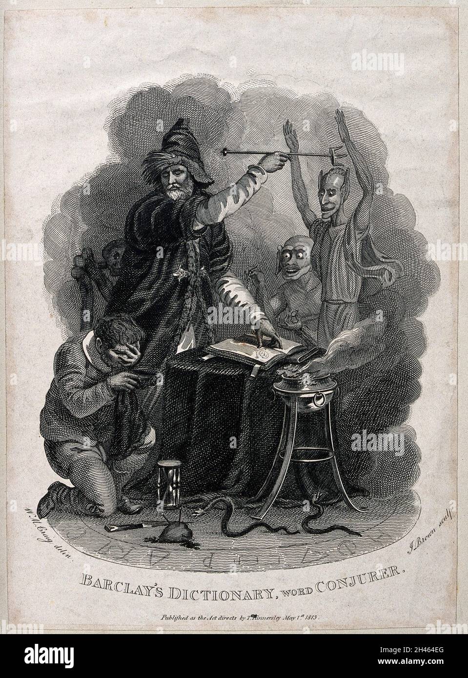 A conjurer casting spells with his wand and fire surrounded by a ...