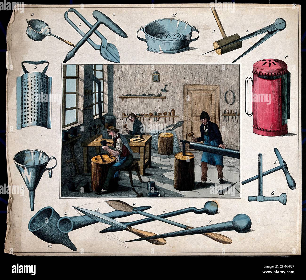 Three men are working at benches hammering out and filing metal objects ...