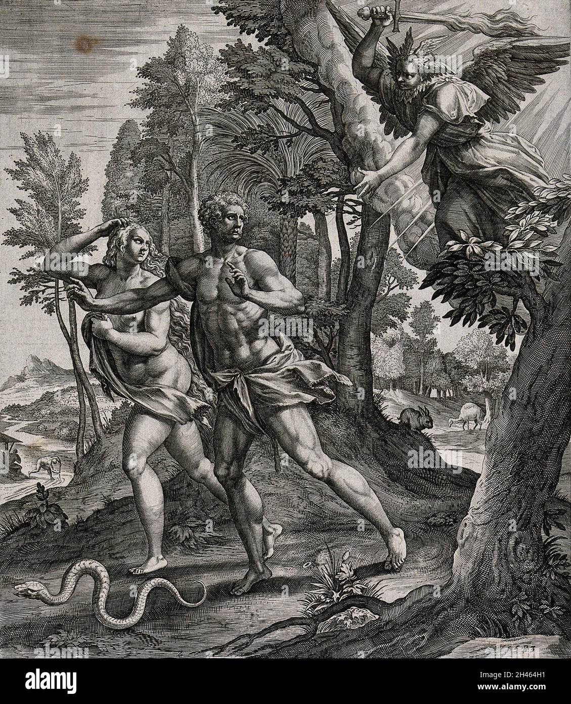 Adam and Eve expelled from Eden by an angel with a flaming sword. Line ...